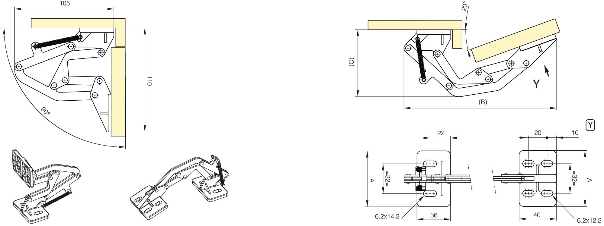 Spring loaded concealed hinge - 110° opening